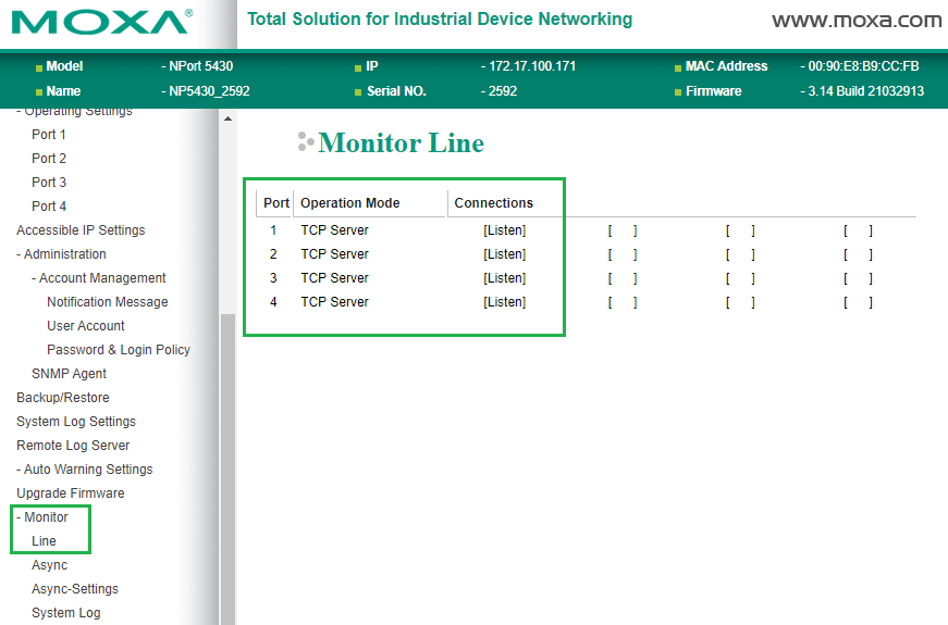 Moxa device configuration for PTZ