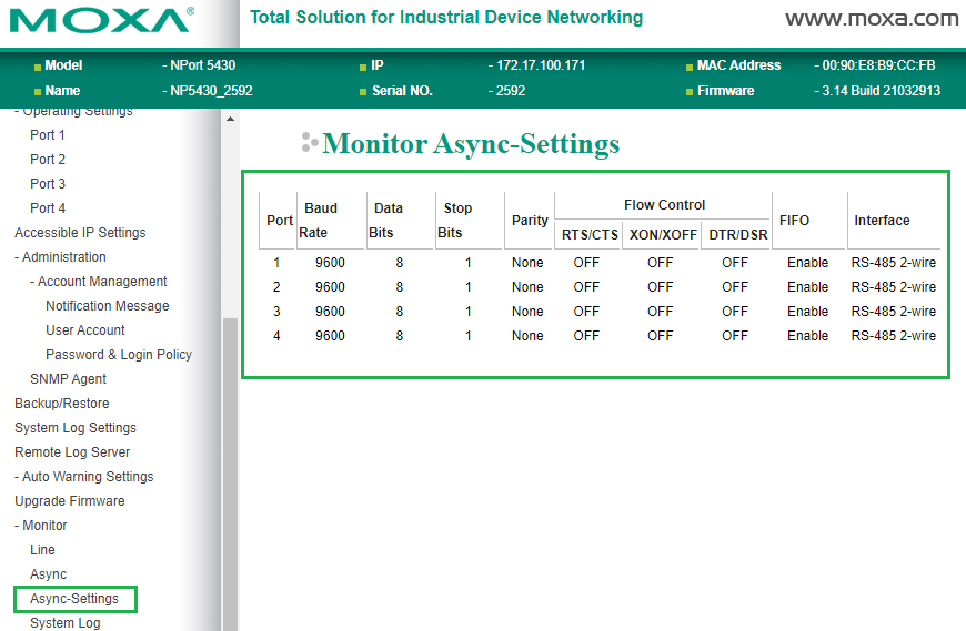 Moxa device configuration for PTZ